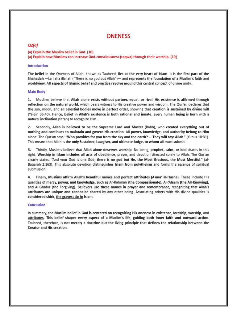 Oneness & Predestination | PDF | Tawhid | God In Islam