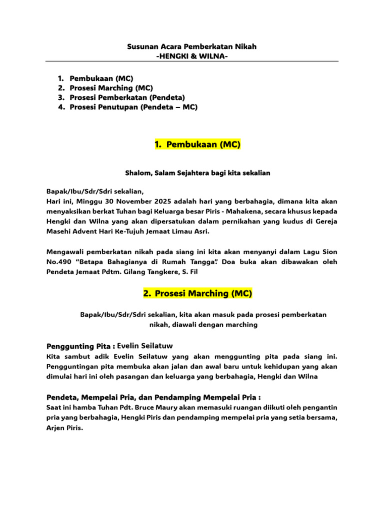 Susunan Acara Pemberkatan Nikah Hengki Wilna | PDF