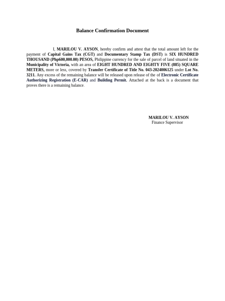 Balance Confirmation Document | PDF