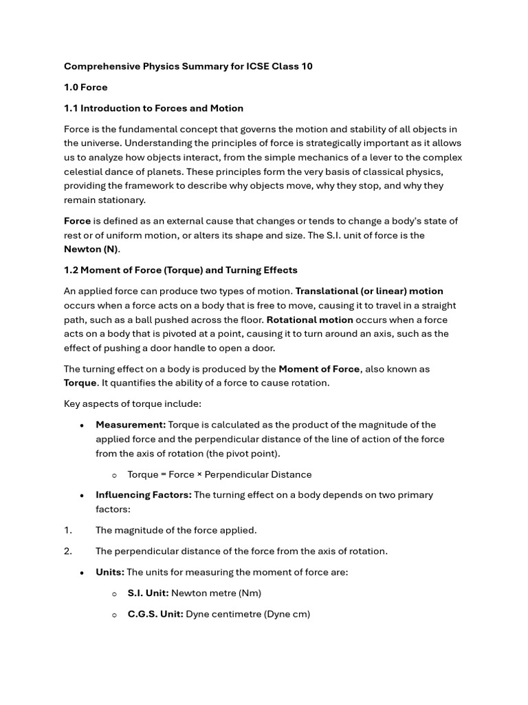 Physics ICSE Grade 10 Comprehensive Summary | PDF | Force | Electric Power