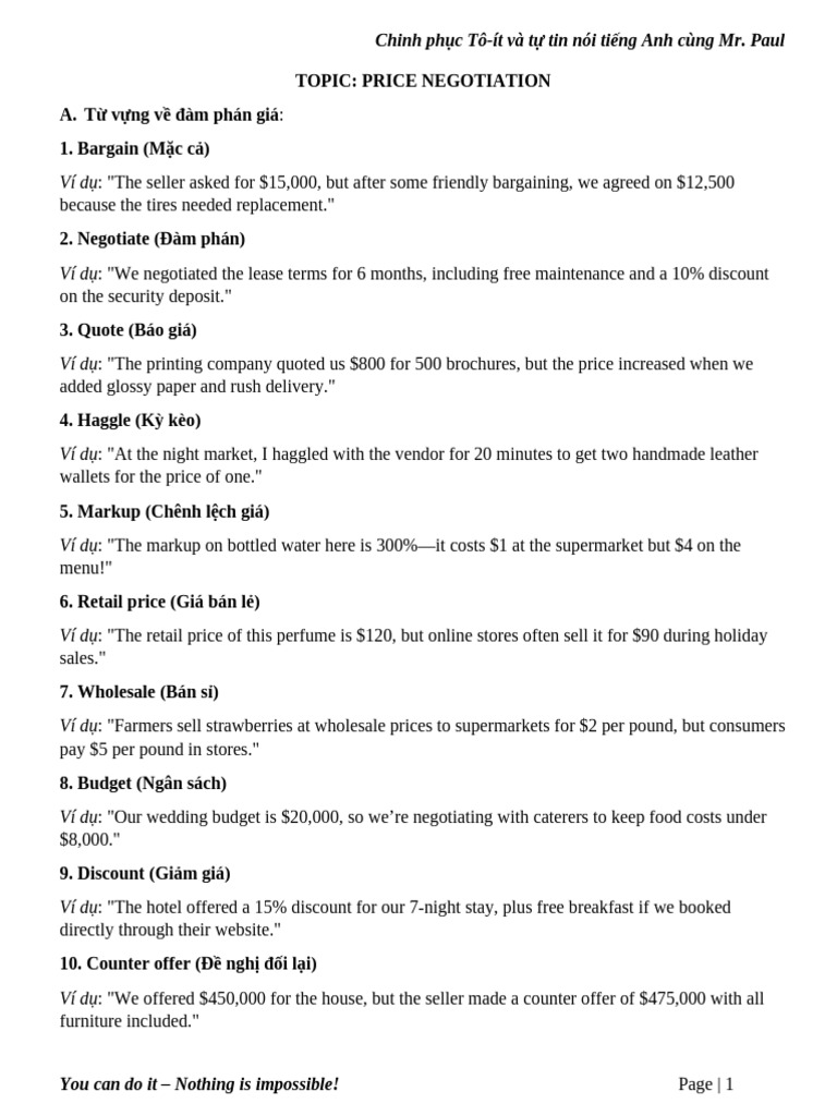 Price Negotiation Vocabulary Guide | PDF | Bargaining | Prices