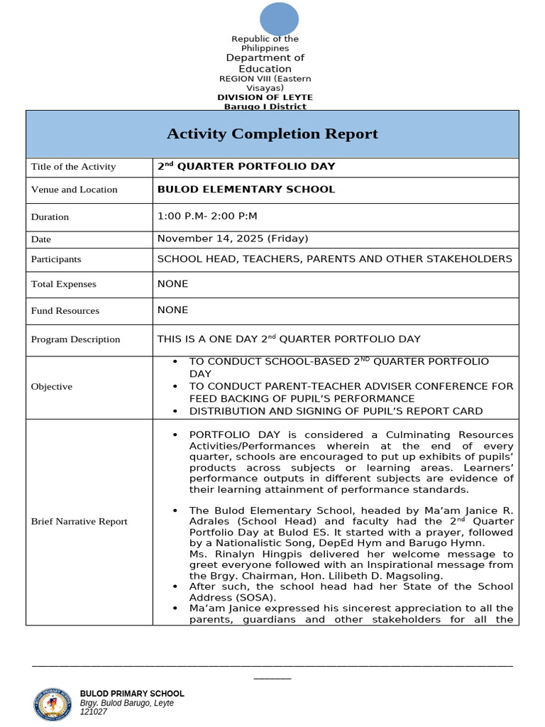 Bulod Elementary 2nd Quarter Portfolio Day | PDF | Learning