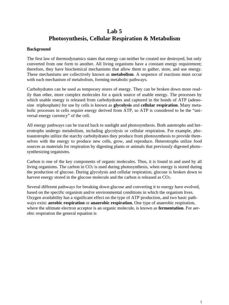 Lab 5 Manual - Photosynthesis, Cellular Respiration & Metabolism 3 ...