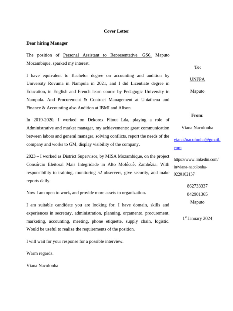 Cover Letter - Viana - UNFPA - 050143 | PDF