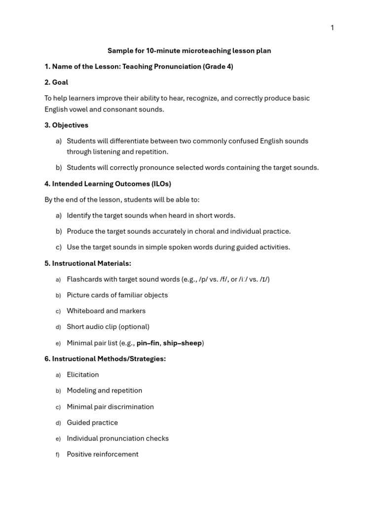 2) Sample For 10-Minute Microteaching Lesson Plan | PDF | Human Communication | Learning