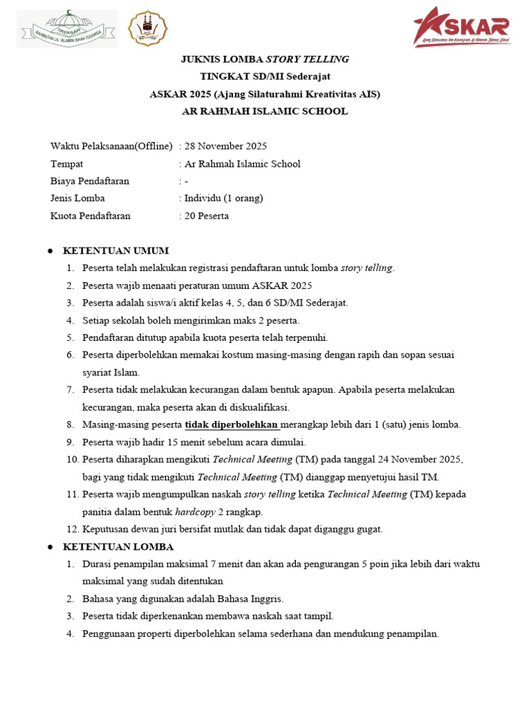Juknis Lomba Story Telling Askar Smpit Arrahmah Rev2 | PDF