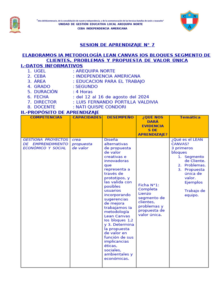Natiqc Sesion de Aprendizaje 7 Lean Canvas Boques 12 y 3 Enja Nati Quispe | PDF | Maestros ...