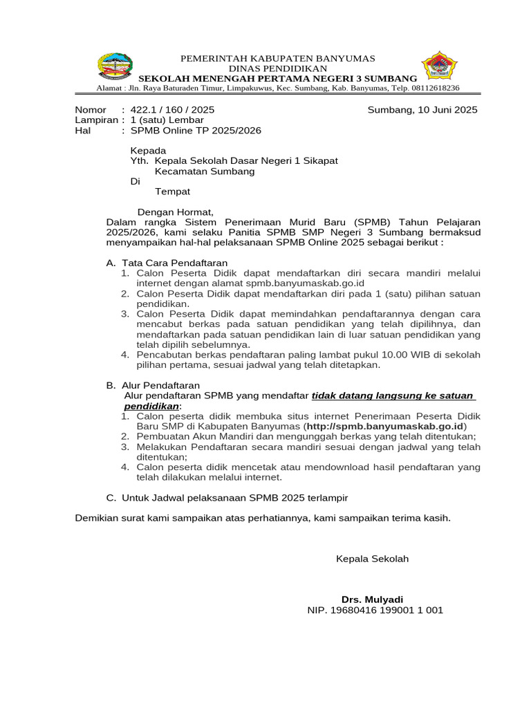 SPMB Online SMP Negeri 3 Sumbang 2025 | PDF