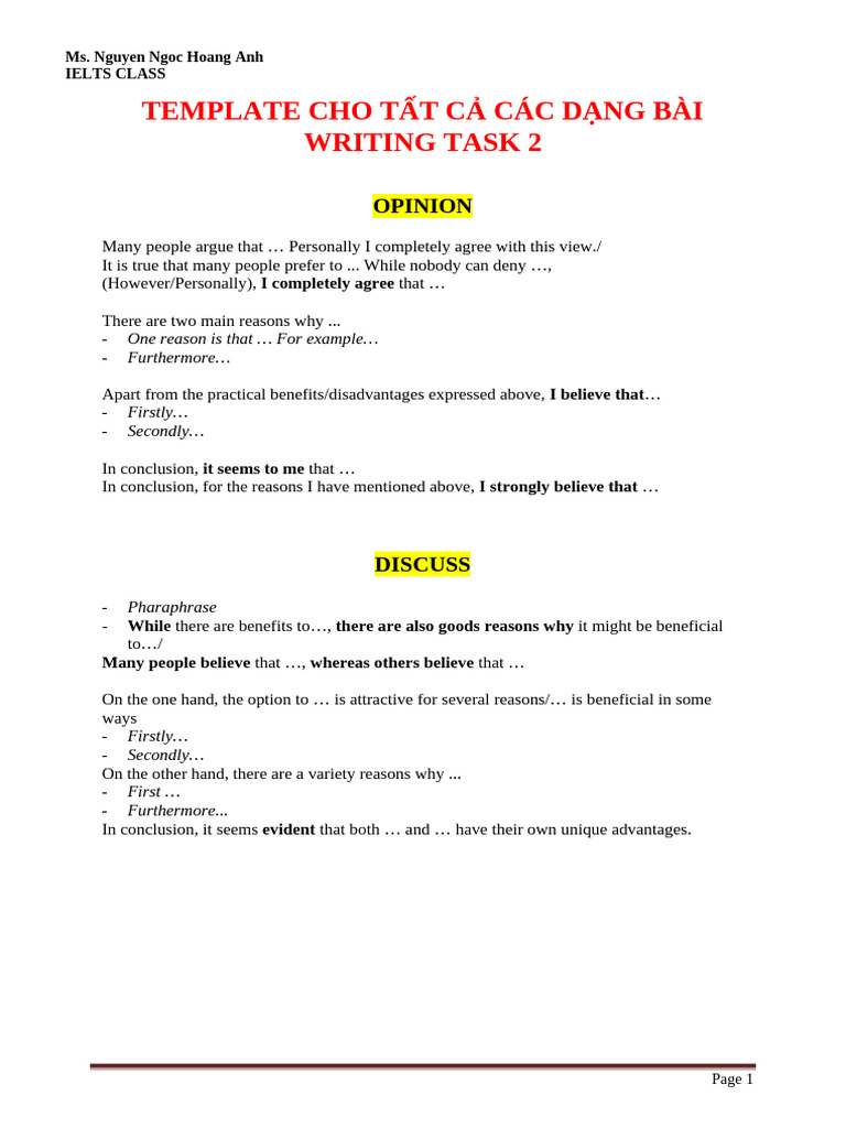 Template Các D NG Bài Writing Task 2 Ielts Ms. Hoang Anh | PDF | Social ...