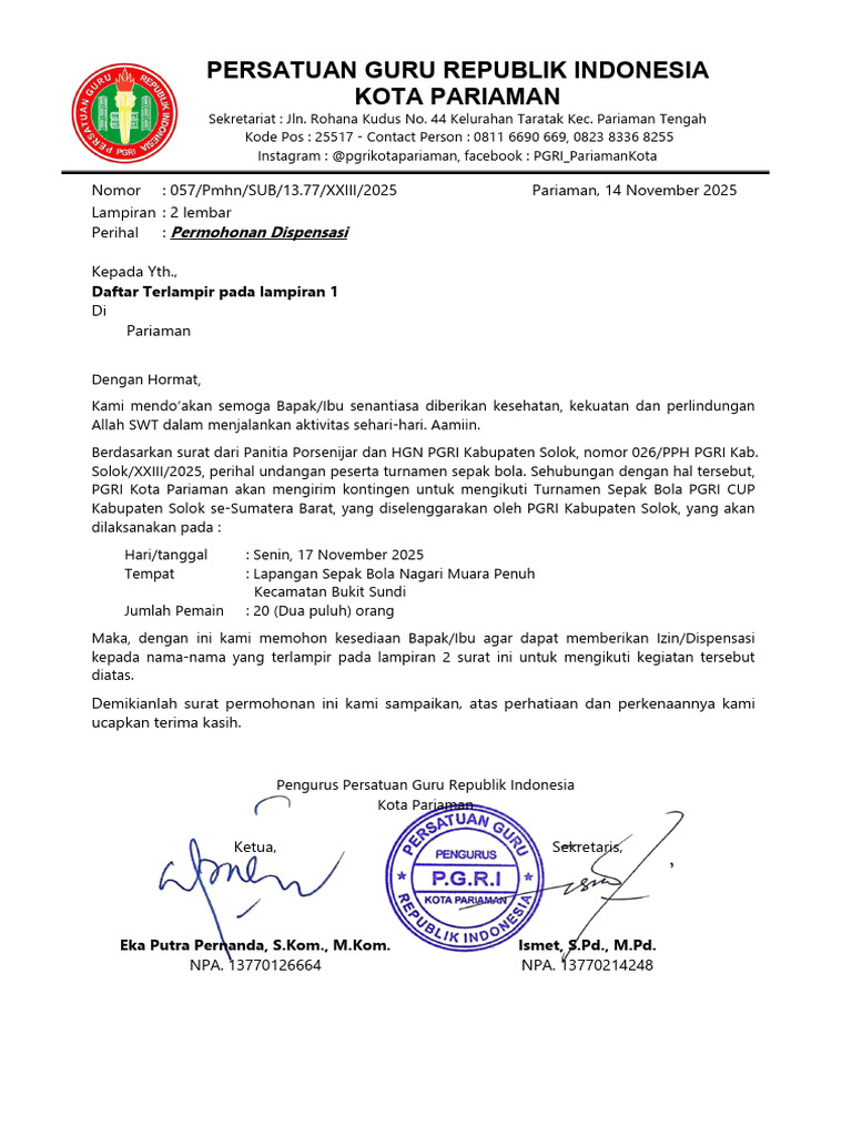 057. Surat Permohonan Dispensasi Turnamen Bola PGRI Kab. Solok (1) | PDF