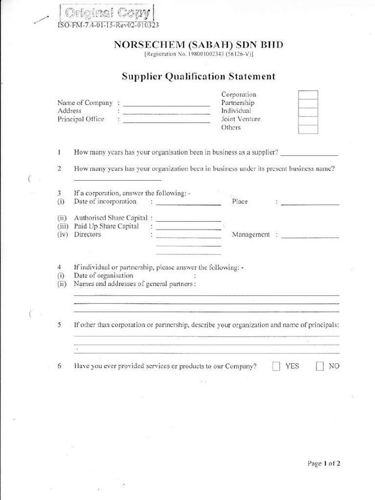 Supplier Qualification Statement Form | PDF
