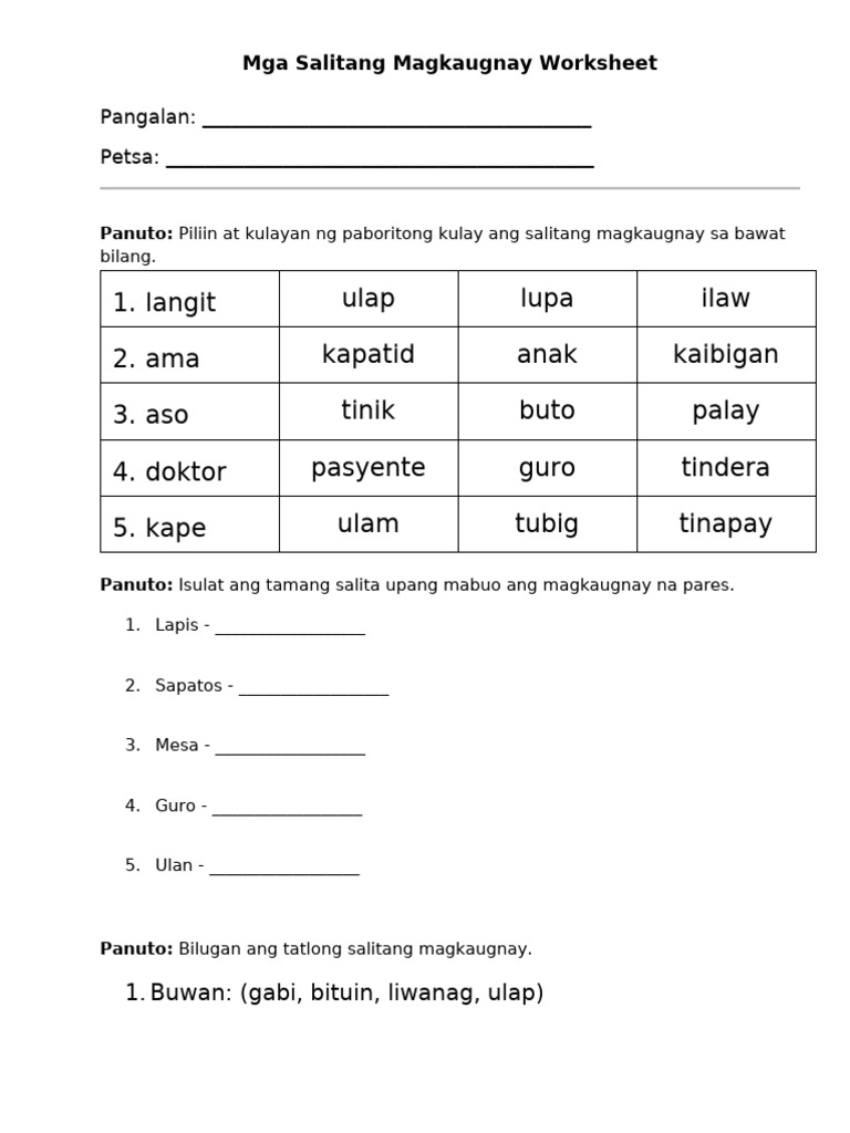 Mga Salitang Magkaugnay | PDF