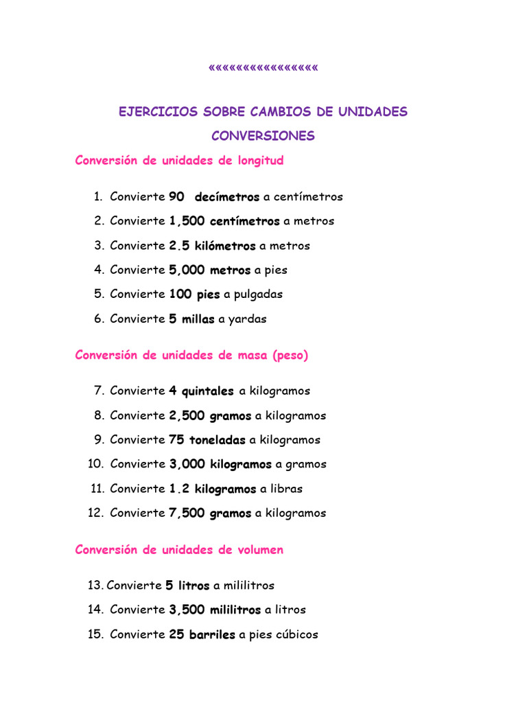 Ejercicios de Conversión de Unidades | PDF
