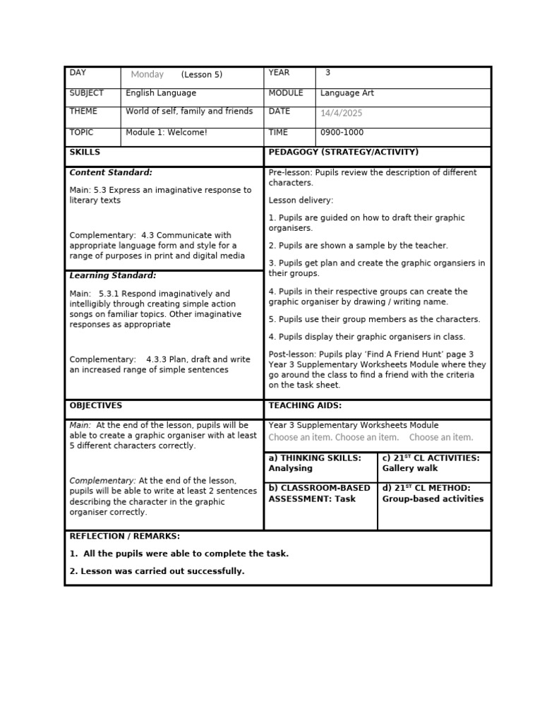 Year 3 English Language Lesson Plans | PDF | Teachers | Reading ...