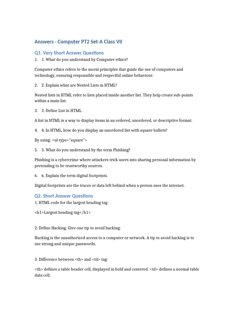 Computer PT2 Answers ClassVII | PDF