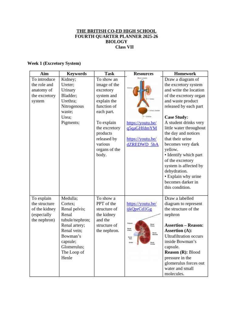 2025-26 Class VII Biology Planner | PDF | Kidney | Urology