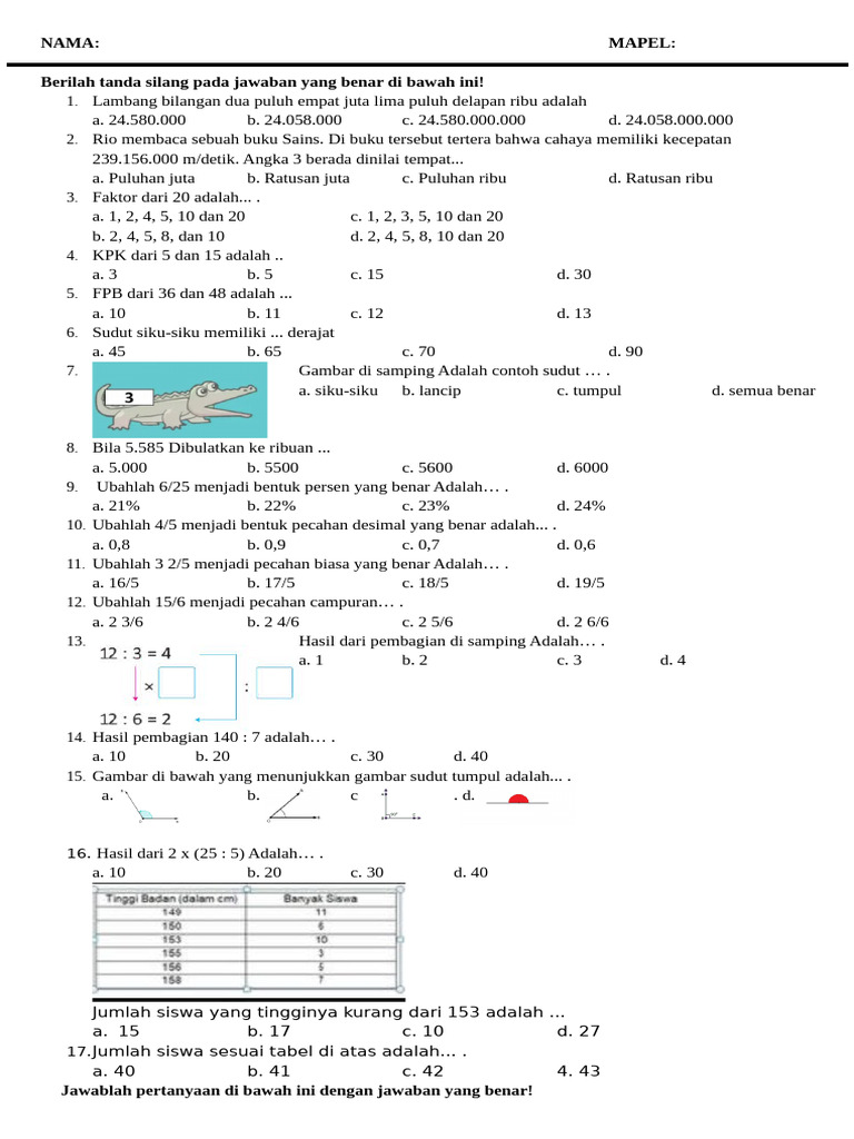 SOAL ULANGAN HARIAN MATEMATIKA KELAS 4 SEMESTER 1 | PDF