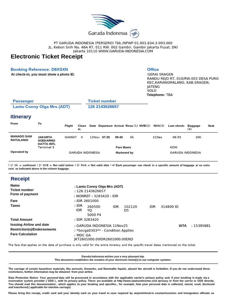 Garuda Indonesia Electronic Ticket Receipt | PDF