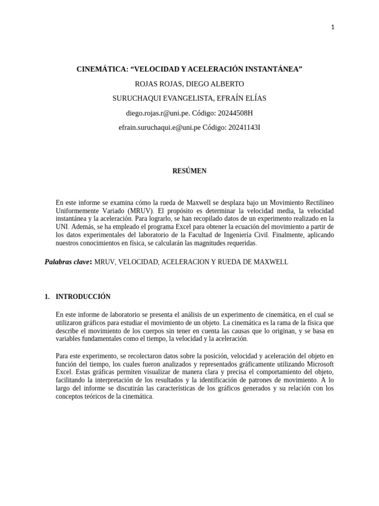 INFORME DE FÍSICA N°1 | PDF | Velocidad | Cinemática