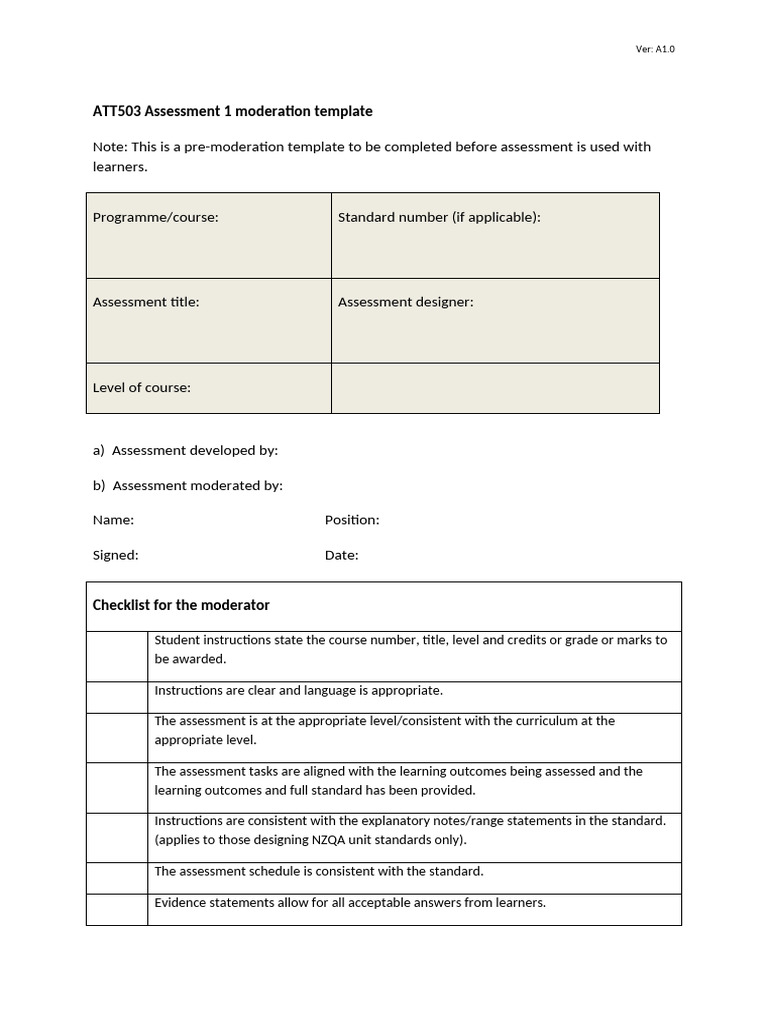 Assessment Moderation Template A1.0 | PDF