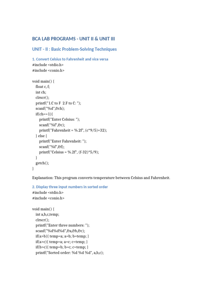 BCA Lab Programs Unit2 Unit3 | PDF | Area | Fahrenheit