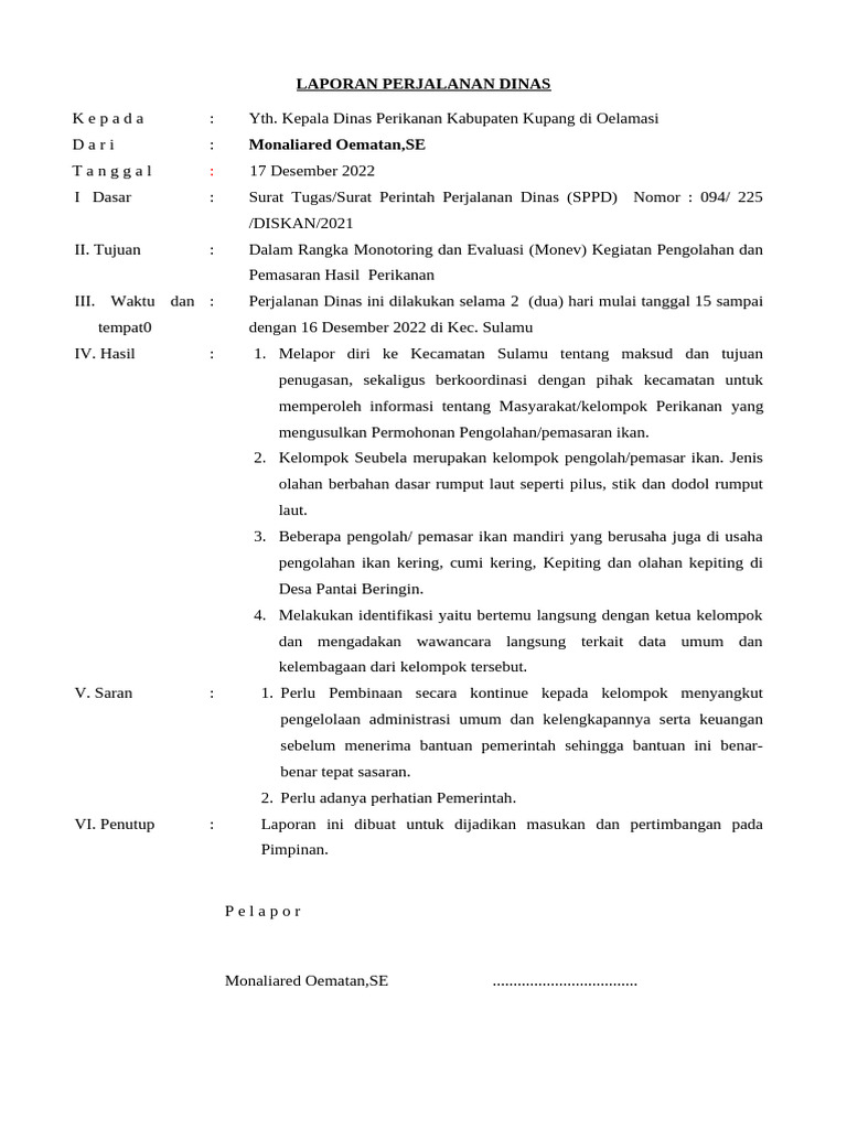 Laporan Perjalanan Dinas - Mona Sulamu | PDF