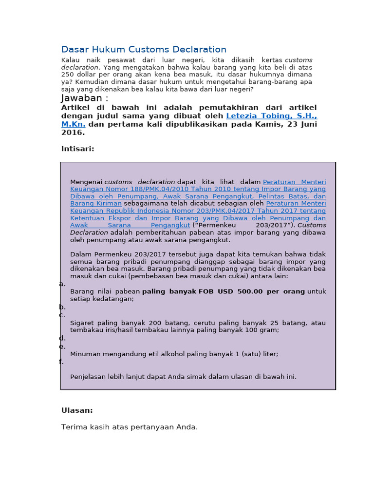Dasar Hukum Customs Declaration | PDF