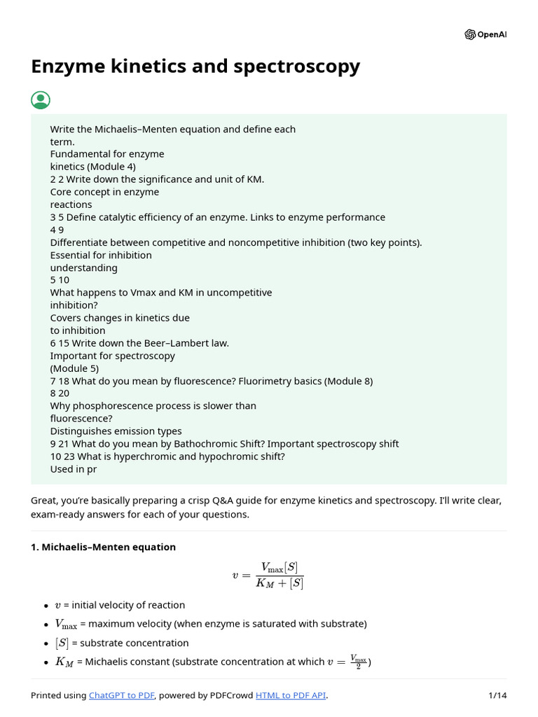 Enzyme Kinetics and Spectroscopy | PDF | Enzyme Kinetics | Enzyme Inhibitor