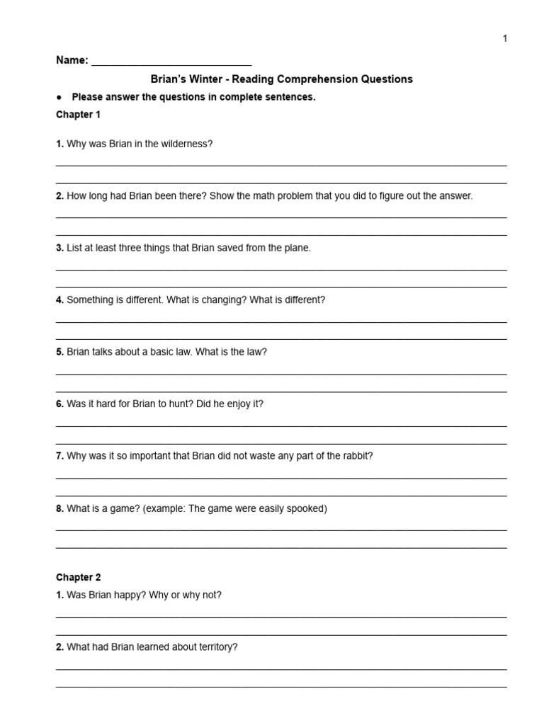 Brian's Winter Reading Comprehension Questions | PDF
