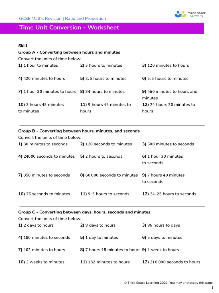 Third Space Learning Time Unit Conversion GCSE Worksheet | PDF