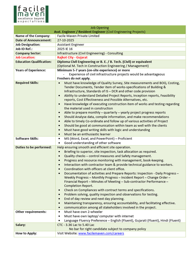 Assistant Engineer Job in Rajkot, Gujarat | PDF | Engineering