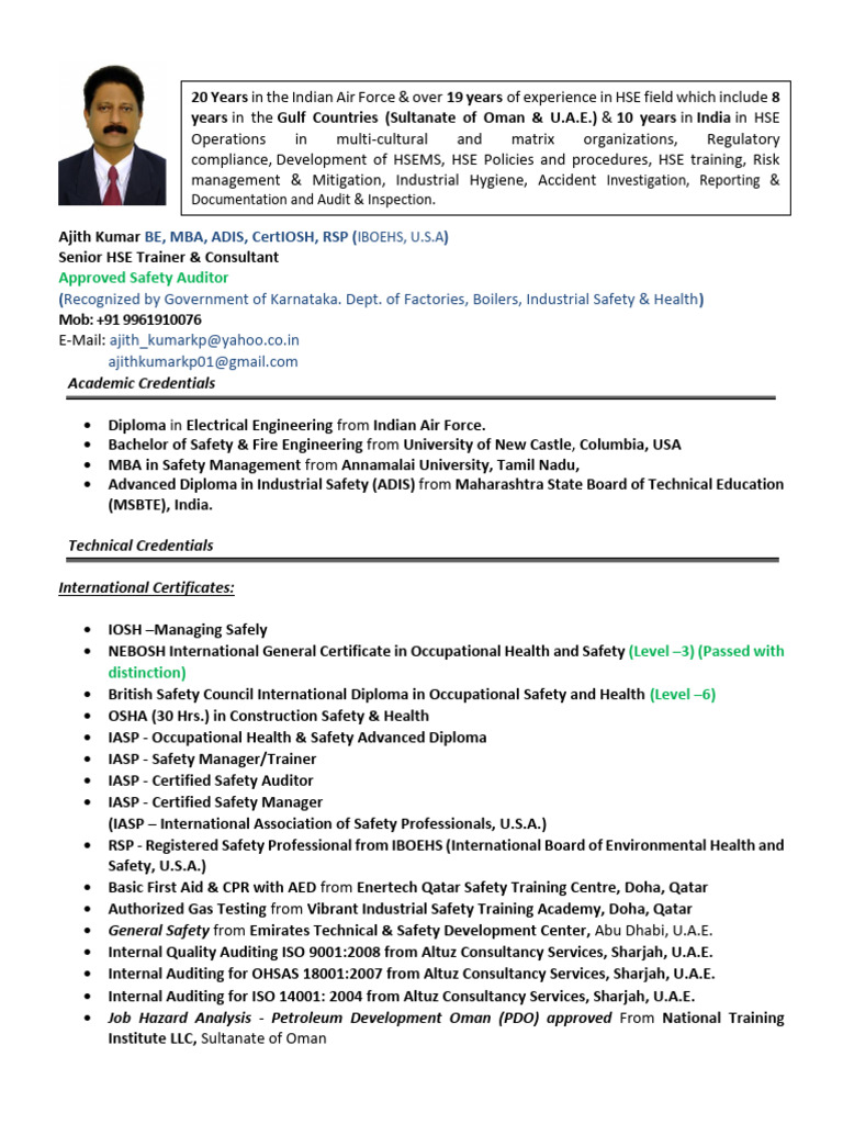 Senior HSE Trainer & Consultant Profile | PDF | Occupational Safety And ...