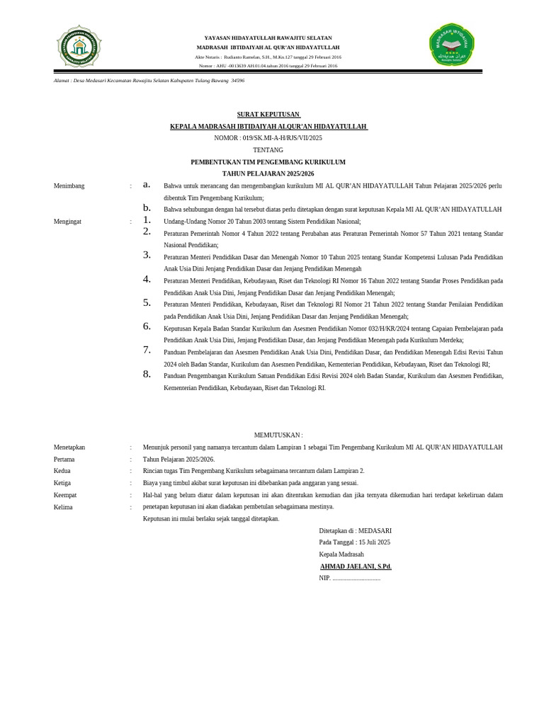 [panduanmengajar.com] SK Tim Pengembang Kurikulum | PDF