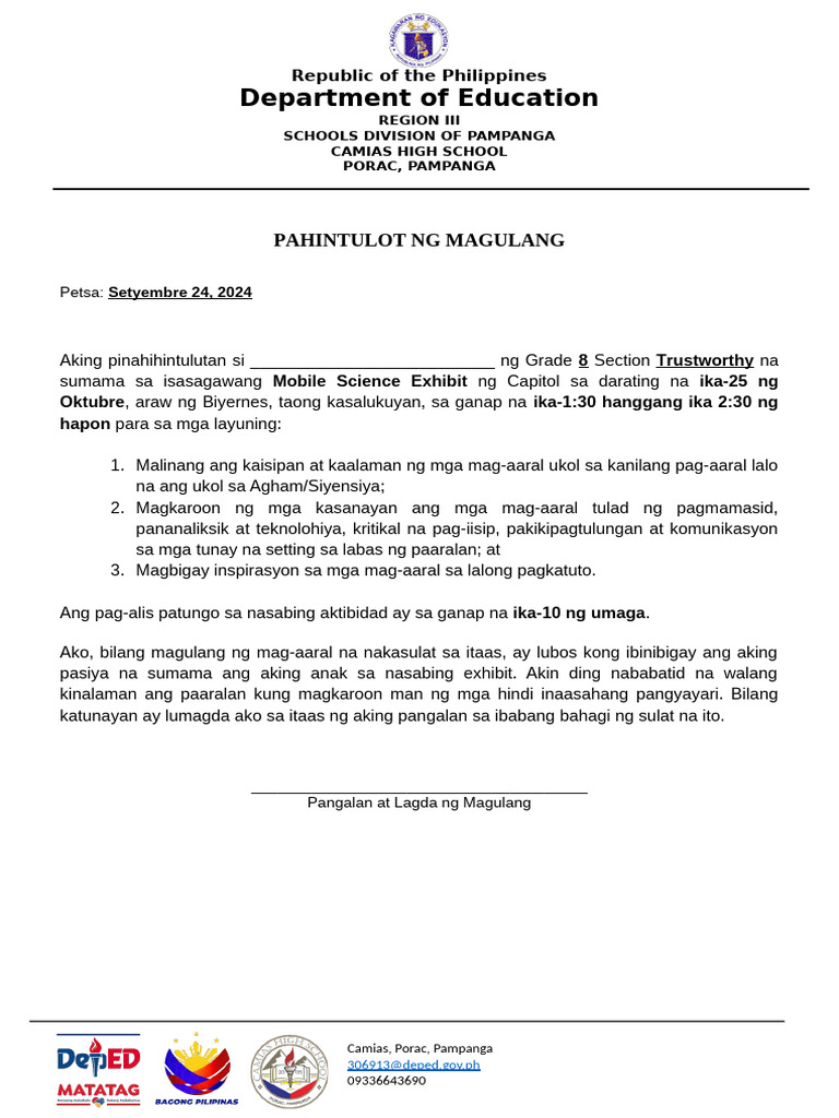 Waiver (Pahintulot Magulang) - Name | PDF