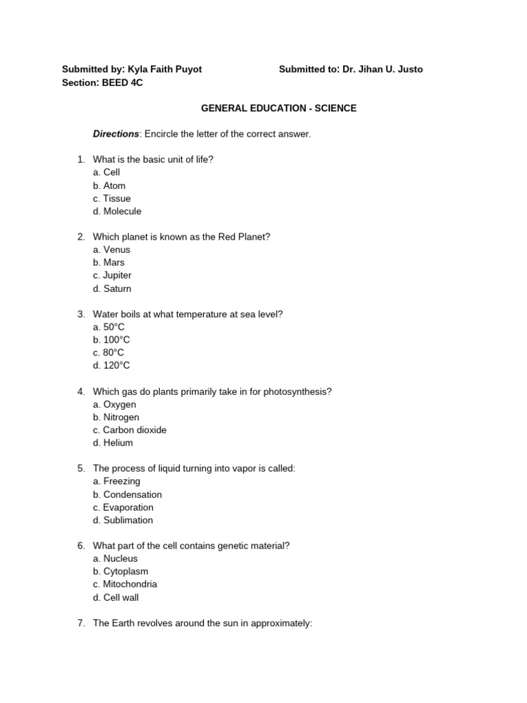 GenEd Science 60items Kyla Faith Puyot | PDF | Earth | Oxygen