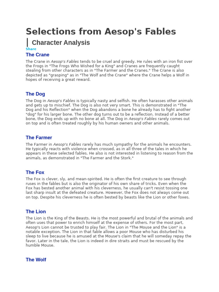 Character Analysis of Aesop's Fables | PDF | Fable | Anthropomorphism