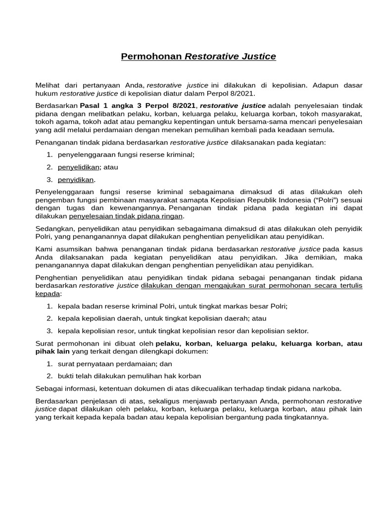 Permohonan Restorative Justice di Polri | PDF