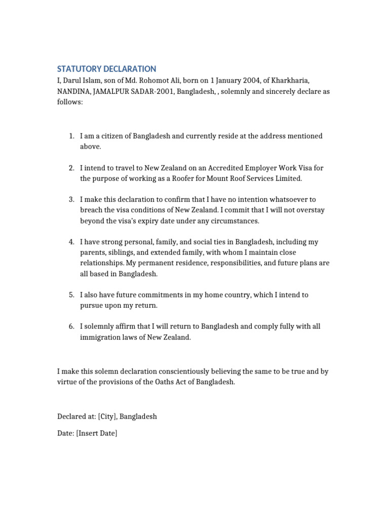 Statutory Declaration for NZ Work Visa | PDF