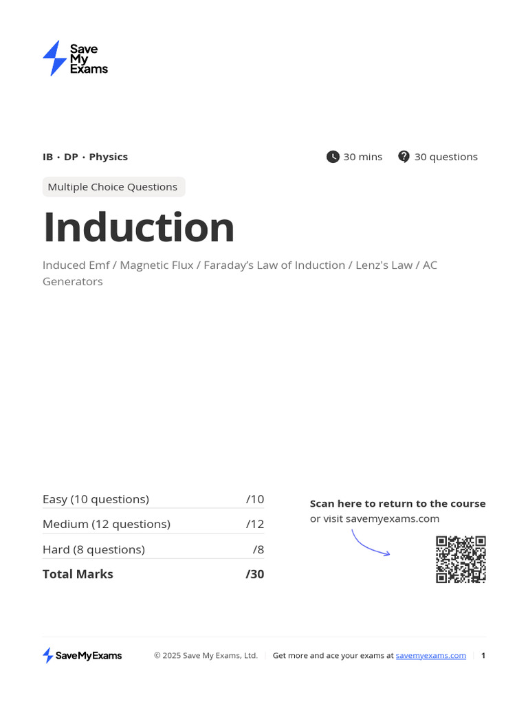 Physics Induction MCQ Practice Test | PDF | Electromagnetic Induction ...