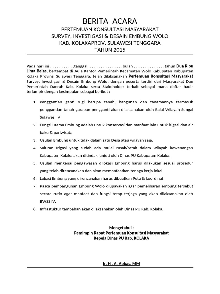 Konsultasi Masyarakat Embung Wolo Kolaka | PDF