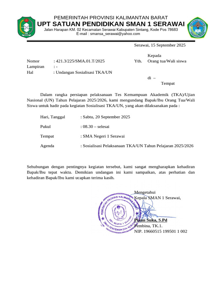 Undangan Untuk Orang Tua Tka, Un | PDF