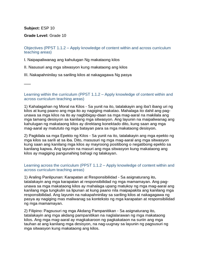 Annotated Lesson Plan ESP10 PPST | PDF