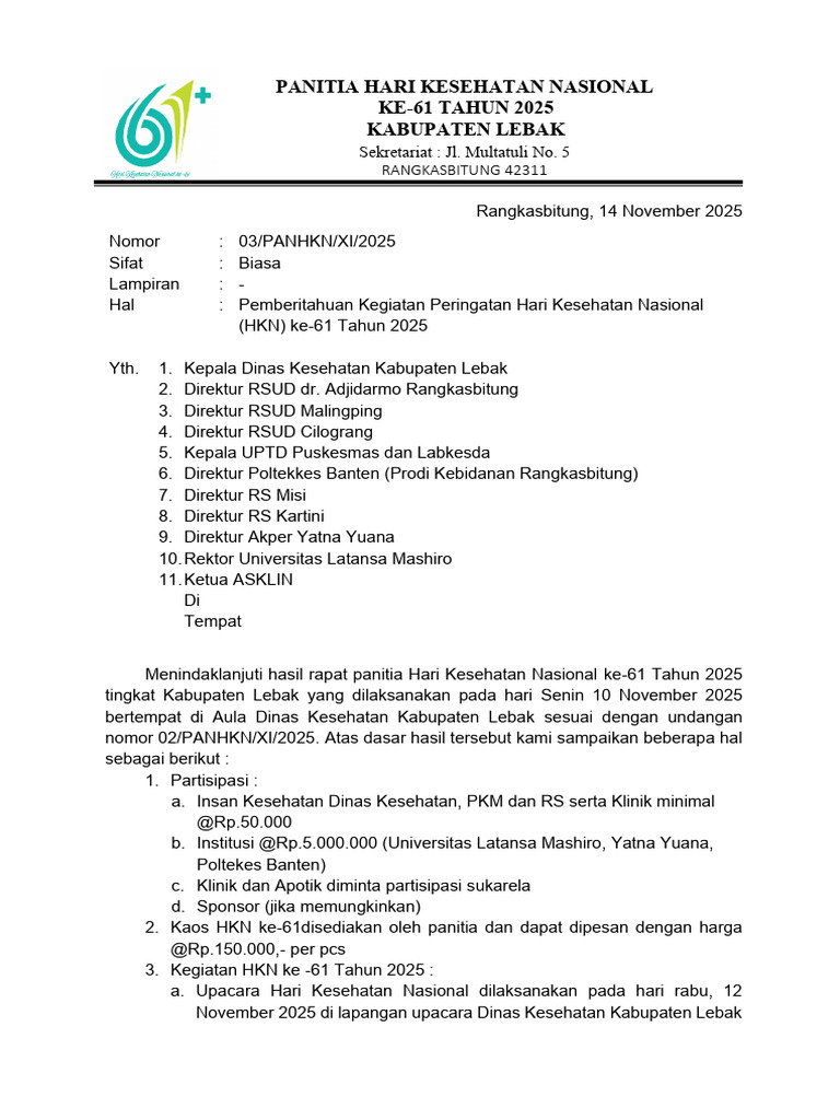 Pemberitahuan HKN ke-61 Kabupaten Lebak | PDF