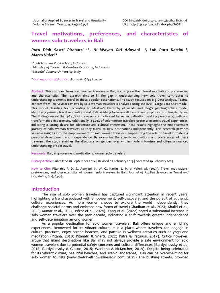 Travel Motivations, Preferences, and Characteristics of Women Solo ...