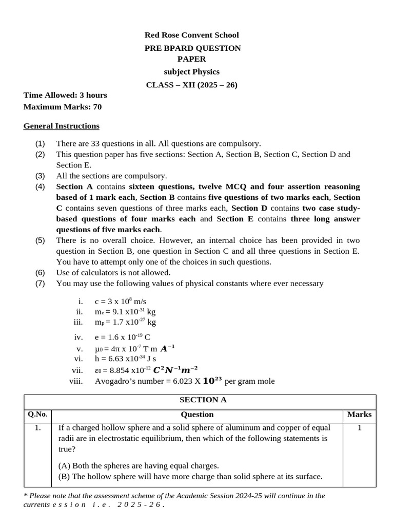 Class XII Physics Pre Board Paper 2025-26 | PDF | Photoelectric Effect ...