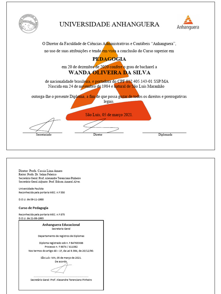 Wanda Cert. Pedagogia | PDF