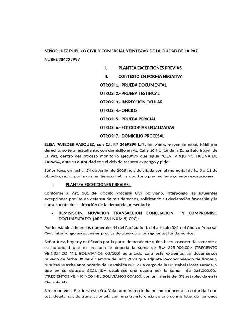 Excepciones Previas en Proceso Civil | PDF | Derecho Civil (Common Law ...