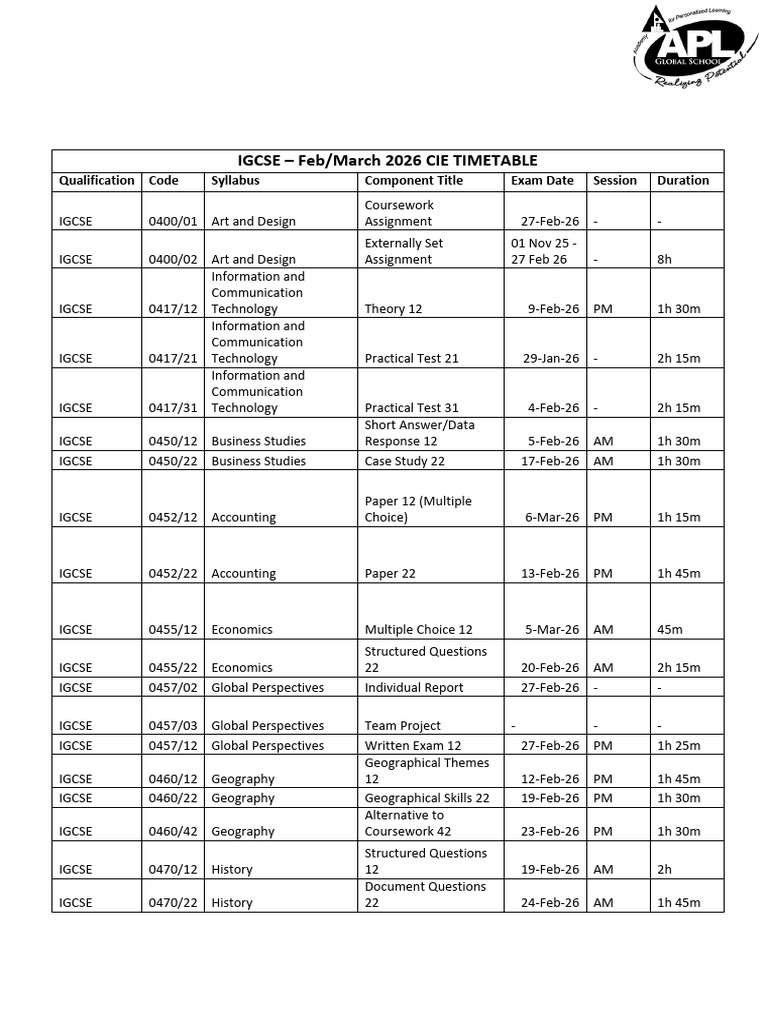 IGCSE Feb/March 2026 Exam Timetable | PDF | Mathematics