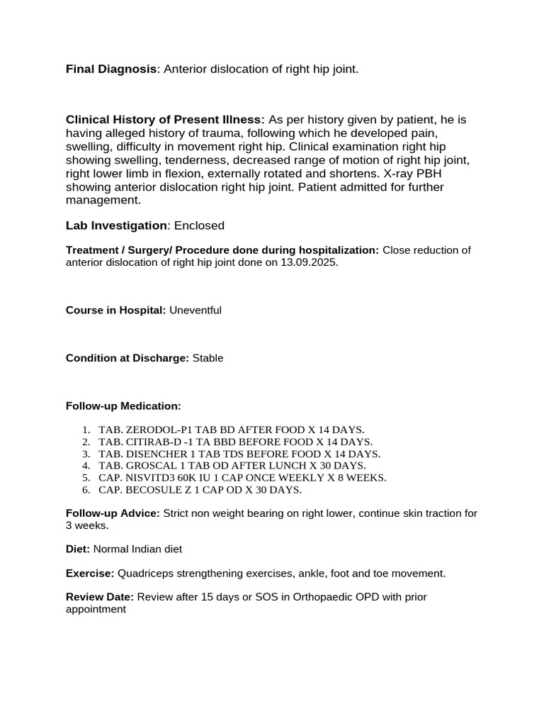 Anterior Hip Dislocation Diagnosis & Treatment | PDF