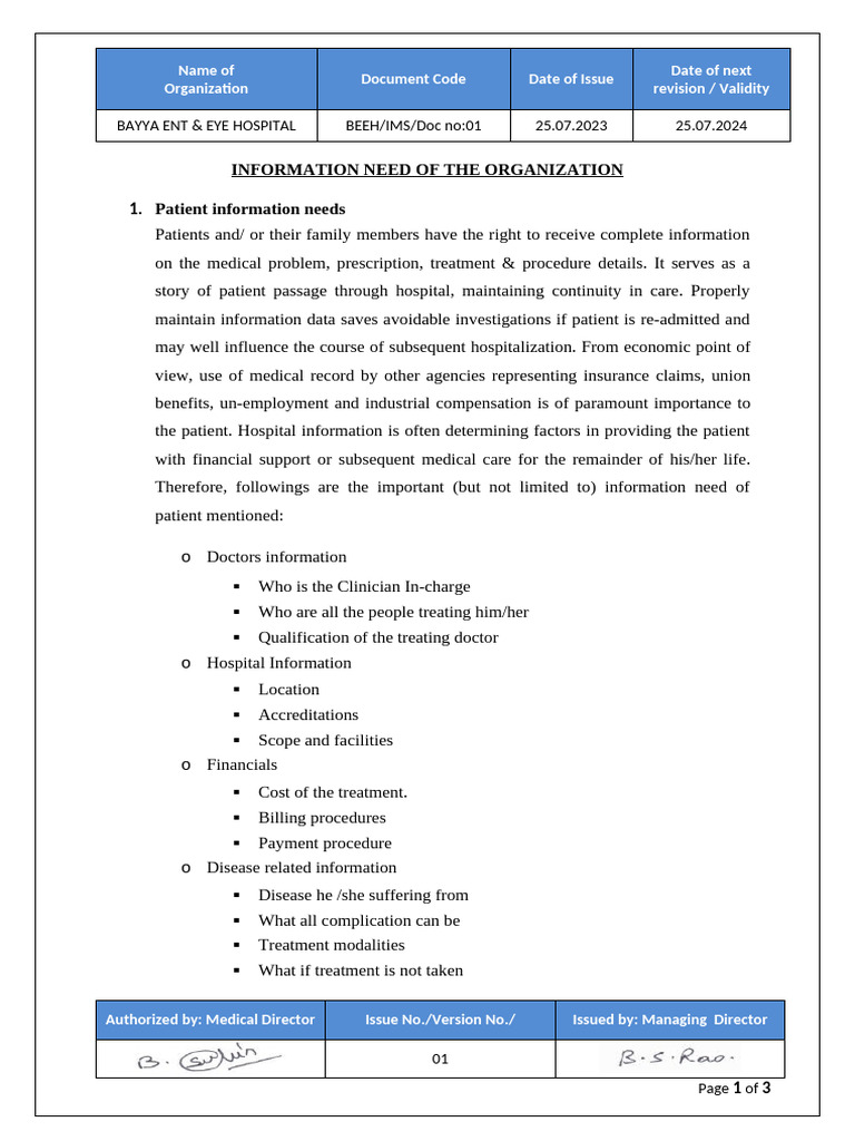 1 Information Need of The Organization | PDF | Hospital | Patient
